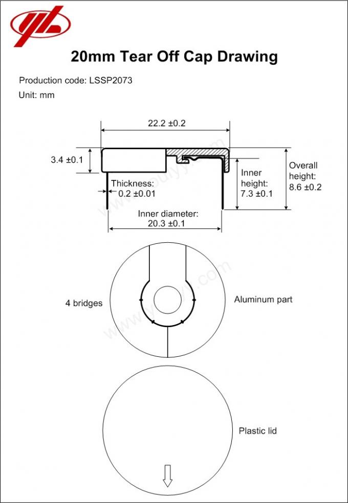 20.3*7.3mm Tear Off Caps Customized Logo Plastic PP And Aluminum Material
